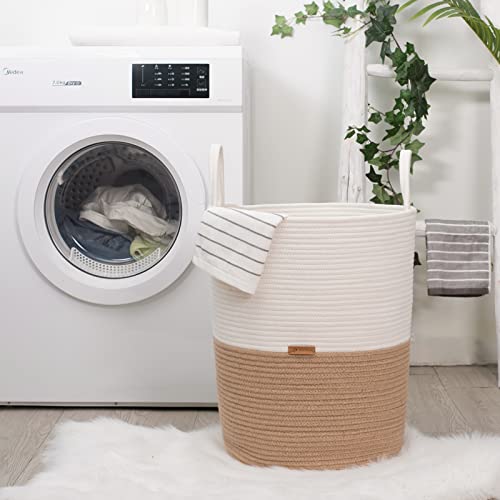 R RUNKA Extra Large Woven basket -16"x 20" Laundry Basket with Handle -Clothes Hamper, Laundry Hamper for Bedroom Living Room,Nursery Decor| Wicker Storage Basket - Off White & Jute