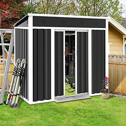 Oakmont Outdoor Garden Storage Shed 4' × 6' Garden Tool House with Single Sliding Doors, Steel Anti-Corrosion Storage House forYard Lawn (Dark Grey)