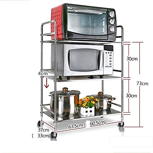 JF-XUAN Kitchen Shelf Microwave Oven Rack 304 Stainless Steel Microwave Oven 3-shelf Storage Unit Wheel Space Saving Compatible with Microwave Oven Large Microwave Oven Rack (Color : Silver, Size :