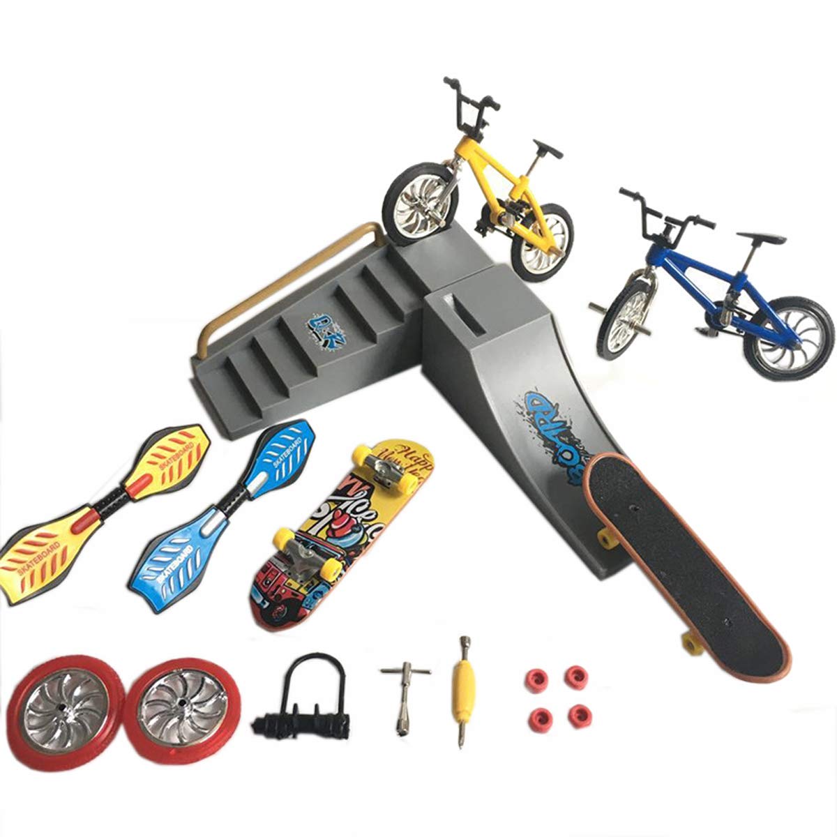 QKILL 17 in 1 Fingerboard Ramps Set Finger Toys with Ramp/Mini Finger Skateboards Finger Mini Bikes/Swing Board with Replacement Wheels and Tools (Gray Ramp Kit)