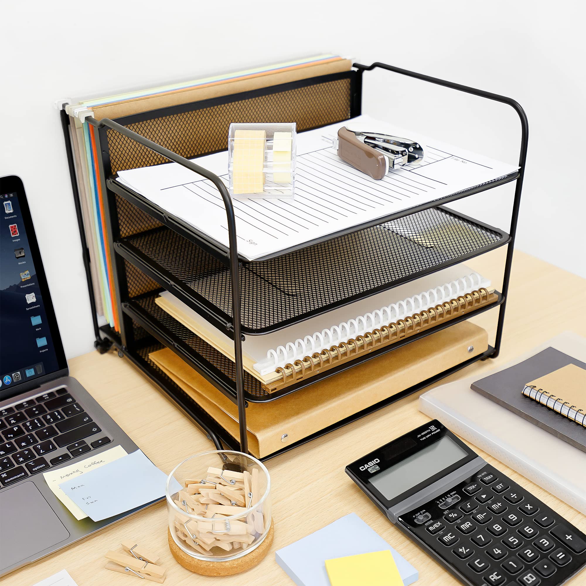 CAXXA 4 Tier Mesh Document Trays with Vertical Upright Section for Hanging File Holders, Mesh Office Supplies Desk Organizer, Black