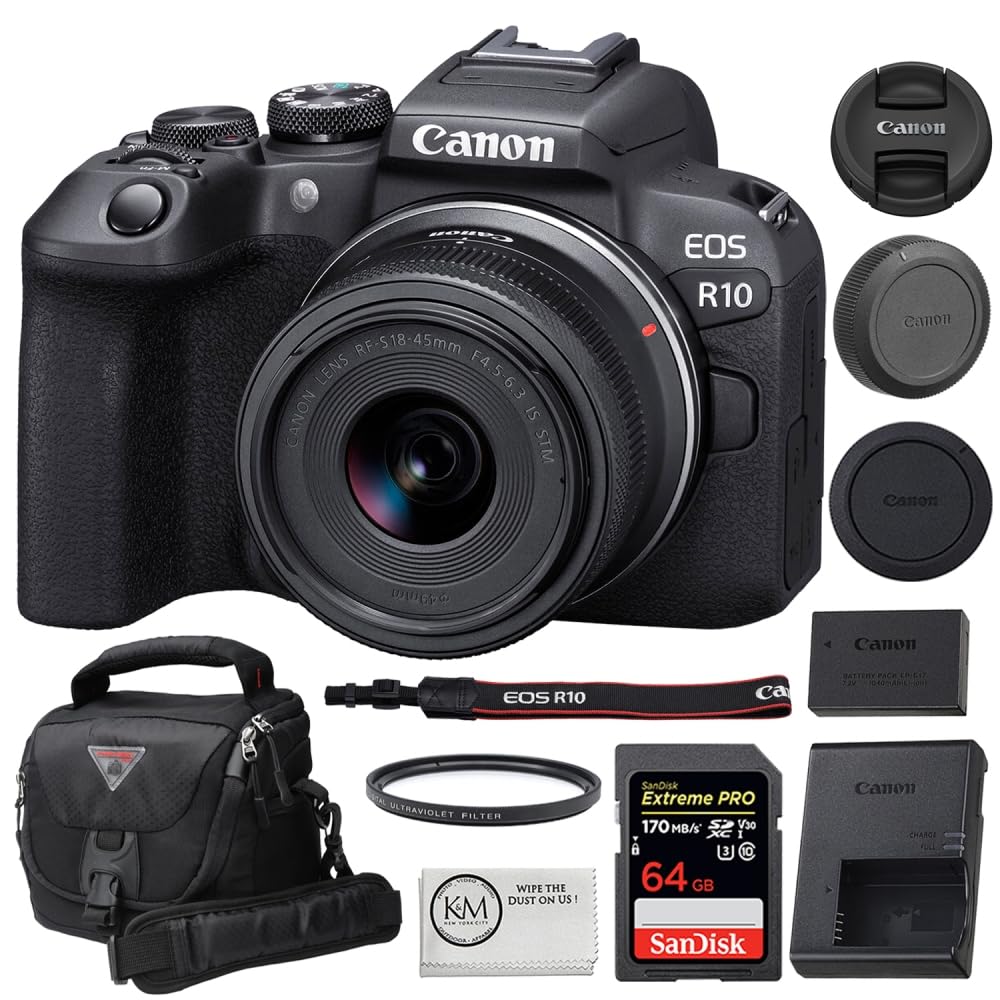 Canon EOS R10 Mirrorless Camera with 18-45mm Lens Bundled with 64GB Memory Card + 49mm UV Filter + Camera Case with Rain Cover + Microfiber Cleaning Cloth (4 Items)
