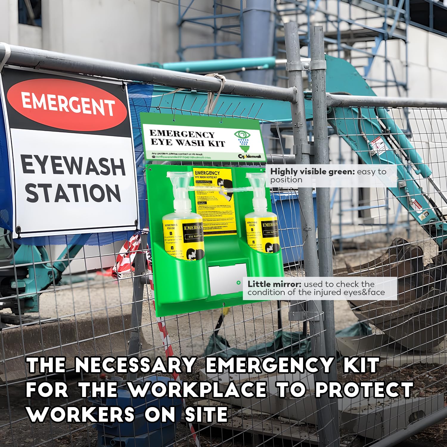 CGOLDENWALL Eye Wash Station Portable Eye Wash Kit for Emergency, Wall Mounted Eyewash Station, 16.09oz Capacity per Bottle, with Mirror & Emergency Sign, Safety Material, NO Solution