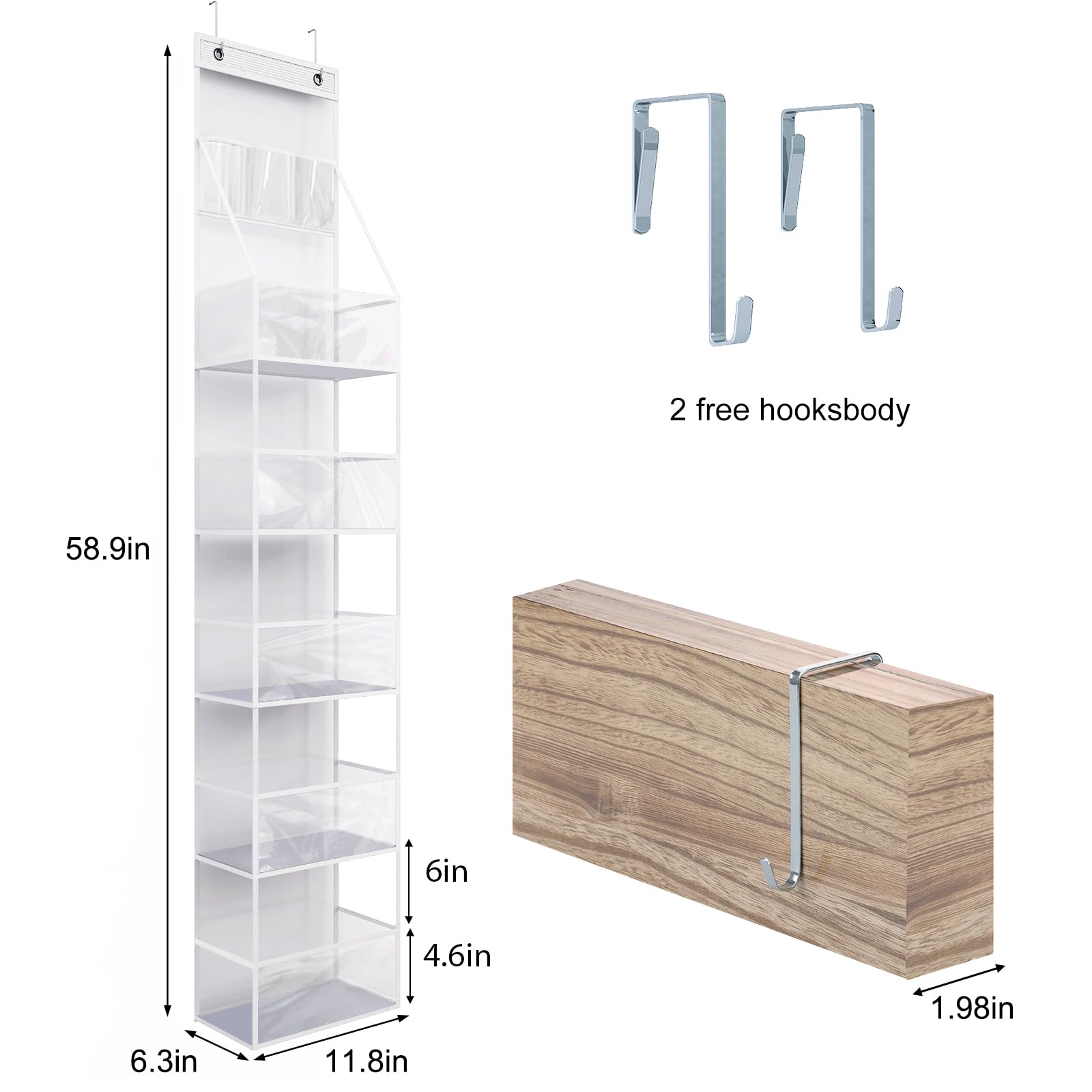 Fixwal 2 Pack 6-Shelf Over Door Hanging Pantry Organizer Hanging Storage with 3 Clear Plastic Pockets Behind The Door Storage Organizer for Closet Bedroom Bathroom (White)