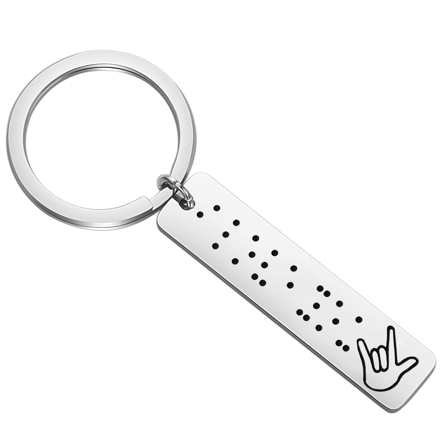 BEKECH ASL Jewelry Gifts I Love You in Braille Engraved Keychain Hand Sign Language Jewelry Gift for Her Him Wife Husband (silver)