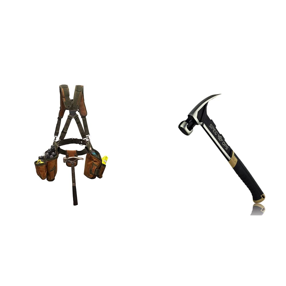 Bucket Boss - AirLift Tool Belt with Suspenders, Tool Belts - Original Series (50100) , Brown , 52 Inch & Spec Ops - SPEC-M22CF Tools Framing Hammer, 22 oz, Rip Claw, Milled Face, Shock-Absorbing Grip