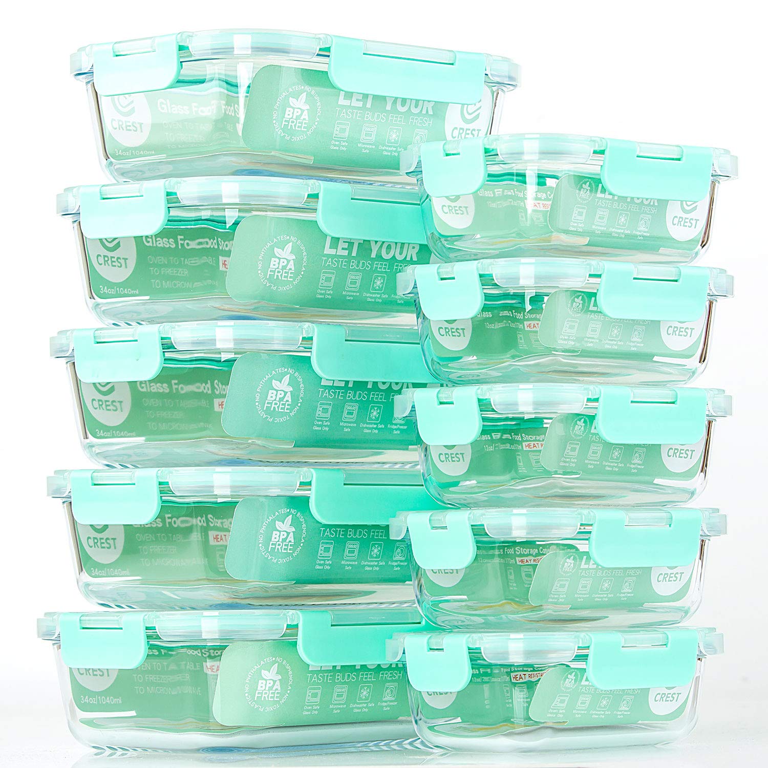 C CREST [10-Pack] Glass Food Storage Containers with Lids, Airtight, BPA Free, Meal Prep Containers for Kitchen, Home Use