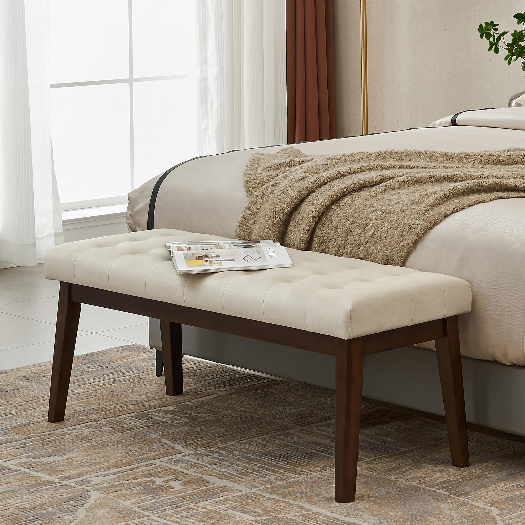 Befurtori Wood Upholstered Bench, Bedroom Bench End of Bed, Dining Bench with Solid Wood Legs and Button-Tufted, Velvet Ottoman Bench for Living Room, Entryway (Taupe)