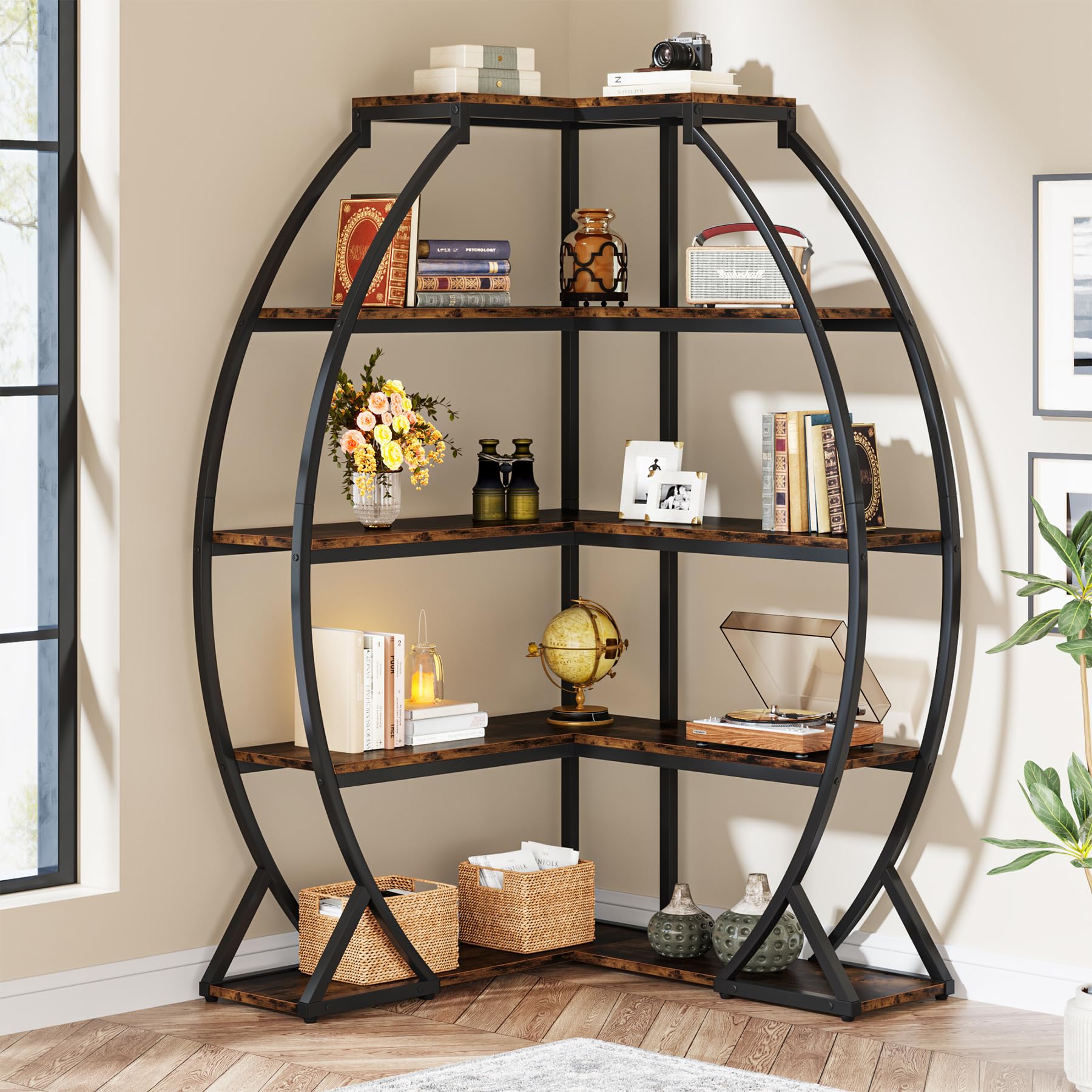 Tribesigns 5-Tier Corner Bookshelf, 69.29-Inch Tall Modern Corner Bookcase, Industrial Corner Shelf Storage Display Rack with Metal Frame for Living Room Bedroom Balcony (Vintage Brown)