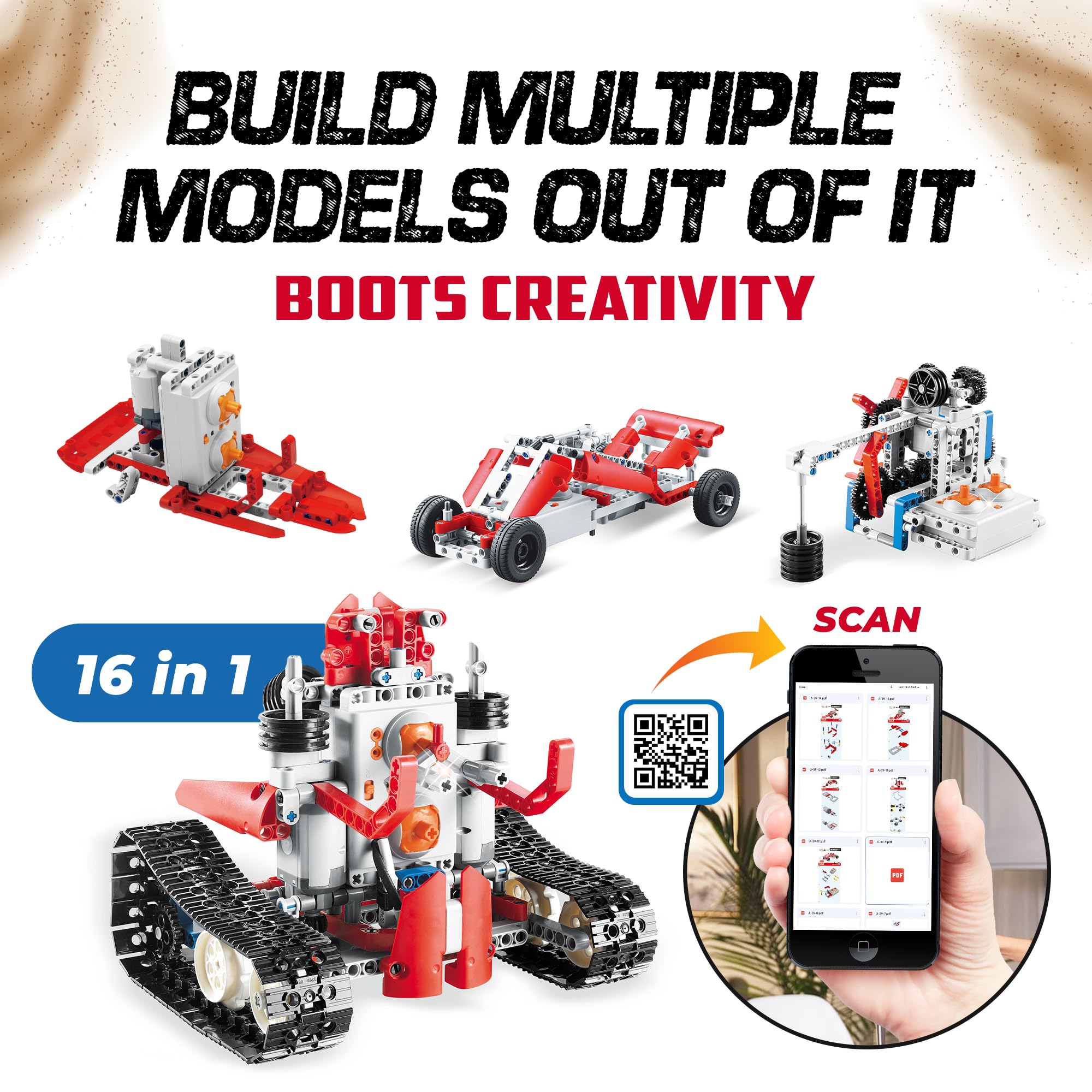 Qmecha 16 in 1 STEM RC Car – Remote Control Stunt RC Tank - 458 PCS RC Car Kit –Learning and Educational RC Snowmobile Gifts for Boys - Remote Control Cars for Kids for Boys
