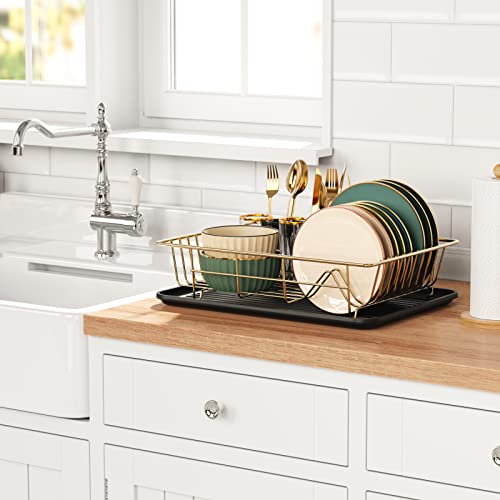 GSlife Dish Drying Rack with Drainboard - Dish Racks for Kitchen Counter, Dish Drainer with Utensil Holder, No Drain Spout, Gold and Black