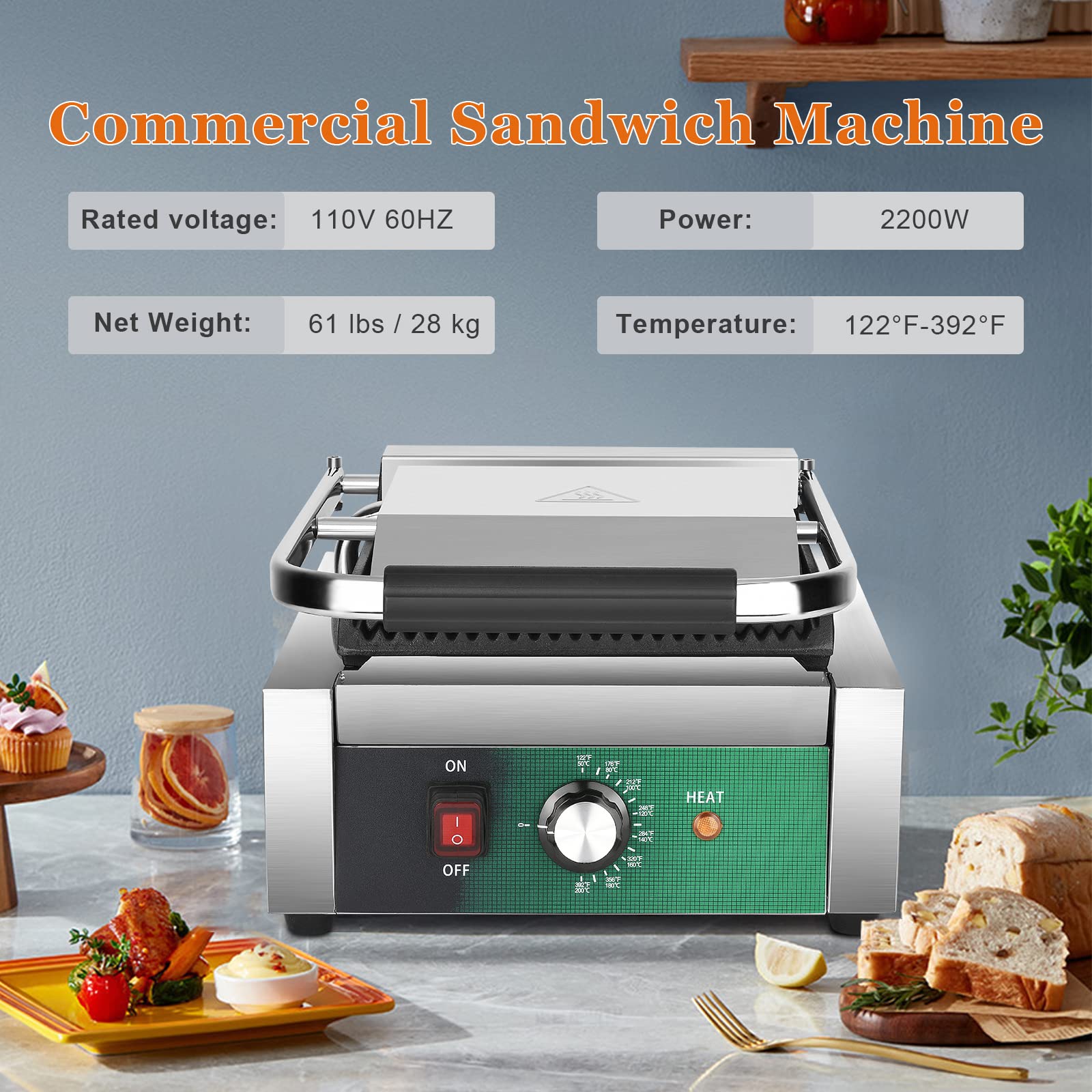 Commercial Panini Press Sandwich Maker, LIVOSA 2200W Non-Stick Panini Grill Machine Panini Maker with Temperature Control and Grooved Plates for Hamburgers Steaks