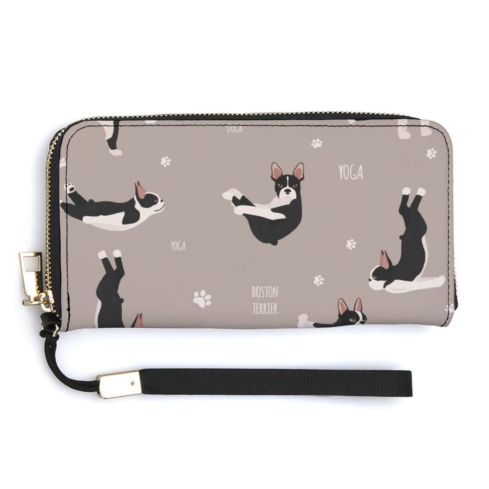 QSMX Women's Clutch Wallet Bag,Boston Terrier Dog In Paw Prints Long Leather Wallets with Wristlet Strap Zipper Around Credit Card Holder GIft-TPU Durable Shockproof Lightweight Waterproof