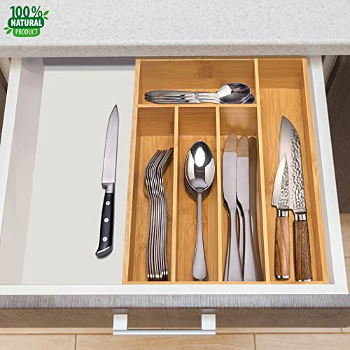 guiogc Kitchen Bamboo Silverware Drawer Organizer,Silverware Organizer and Cutlery Tray with Grooved Drawer Dividers for Silverware, Knives in Kitchen, Bedroom (5 Slot-Natural)