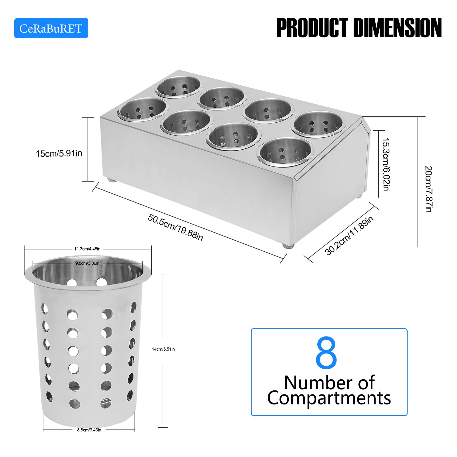 CeRaBuRET Commercial 8-Hole Stainless Steel Cylinder Flatware Silverware Utensil Holder Organizer Restaurant Silverware Organizer Countertop Cylinder Holder For Restaurants, Catering