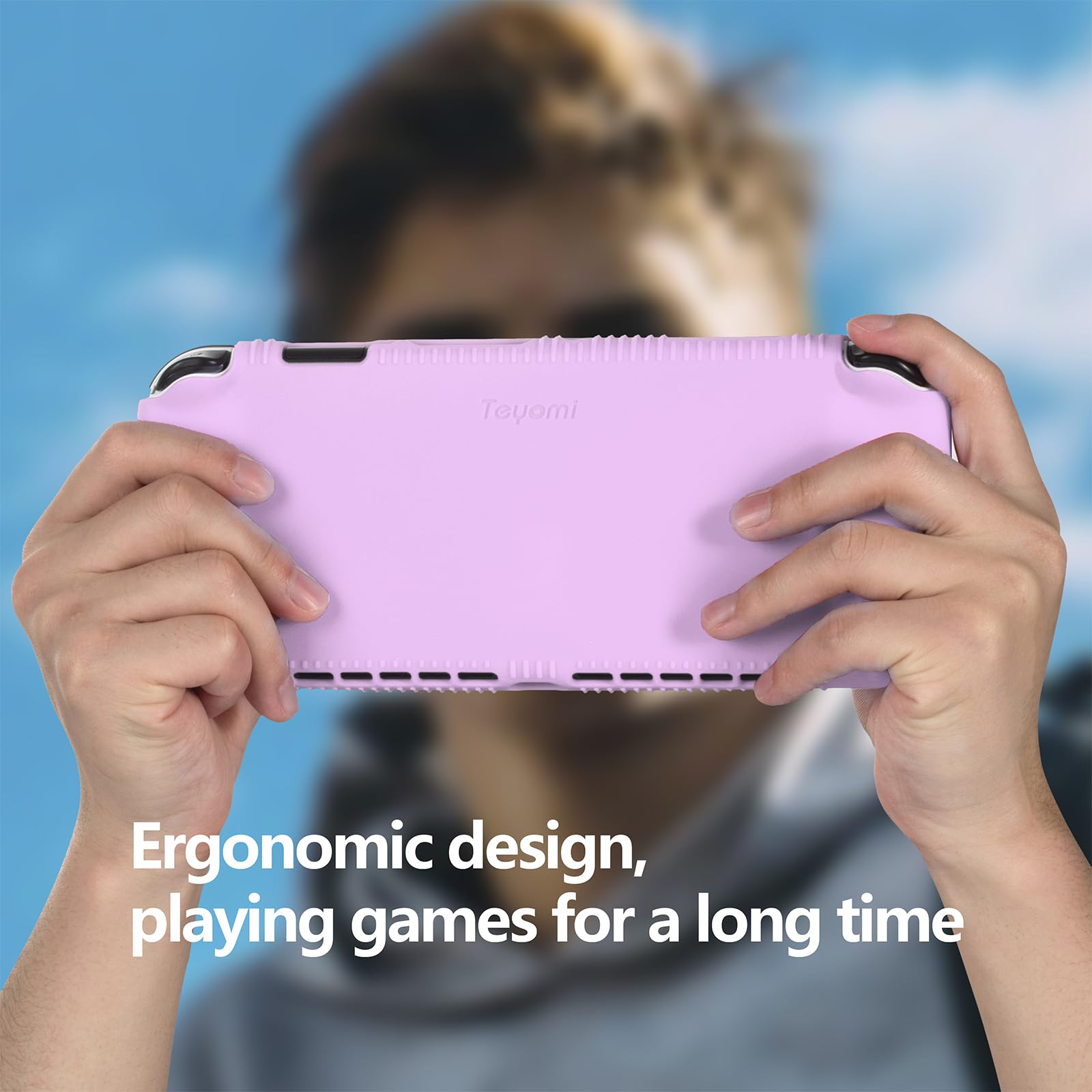 Teyomi Silicone Case for Nintendo Switch OLED with 2 Game Cards Slots, [Kids Friendly] Shockproof Protective Cover with Tempered Glass Screen Protector, Ergonomic Grip Case for Switch OLED, Purple