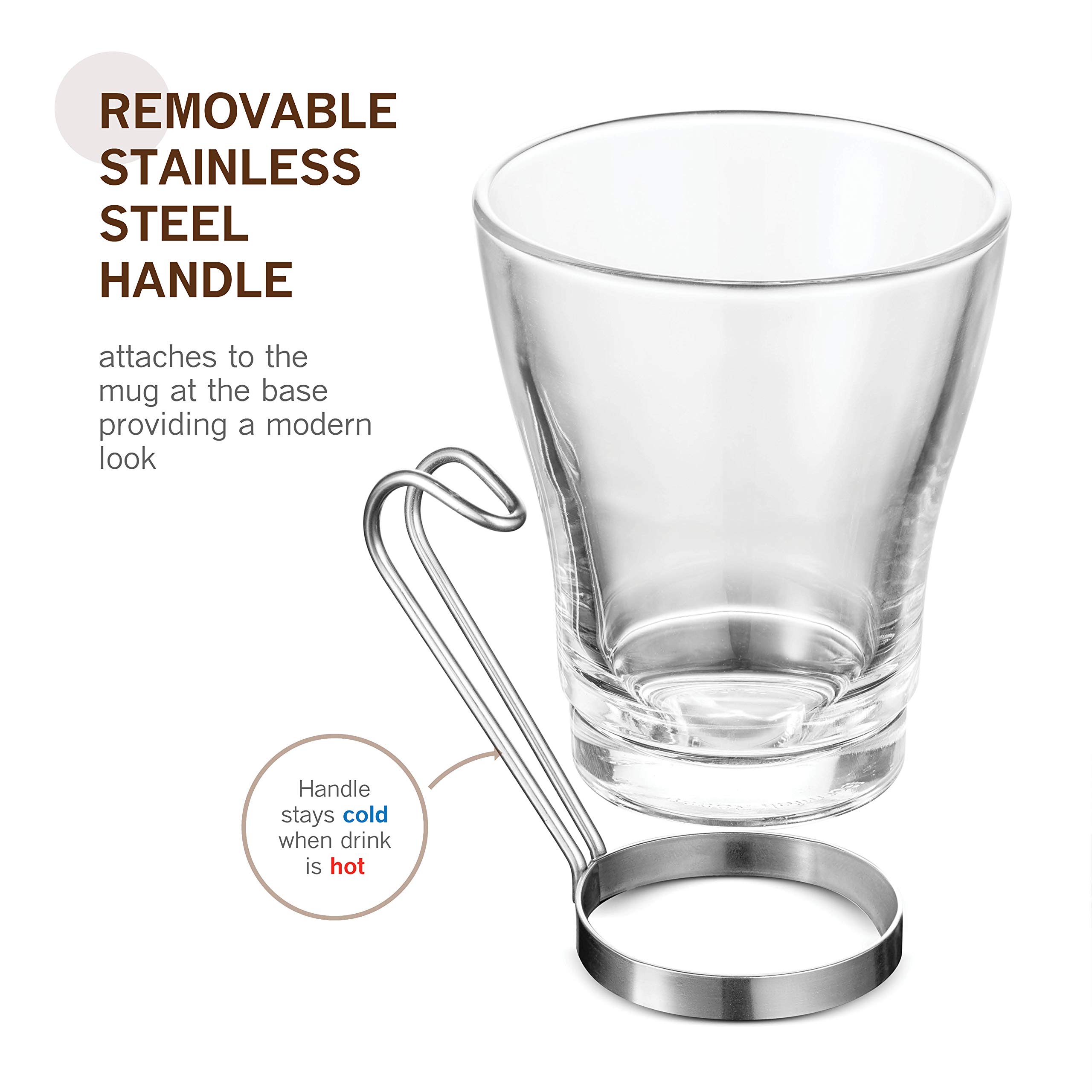 Bormioli Rocco OSLO Glass Coffee Mug - 7 ½ Ounce Espresso Cups (4 Pack) with Metal Handle Perfect Tea Glasses for hot and cold beverages, Thermal Shock Resistant, Tempered Glass, for Latte, Cappuccino