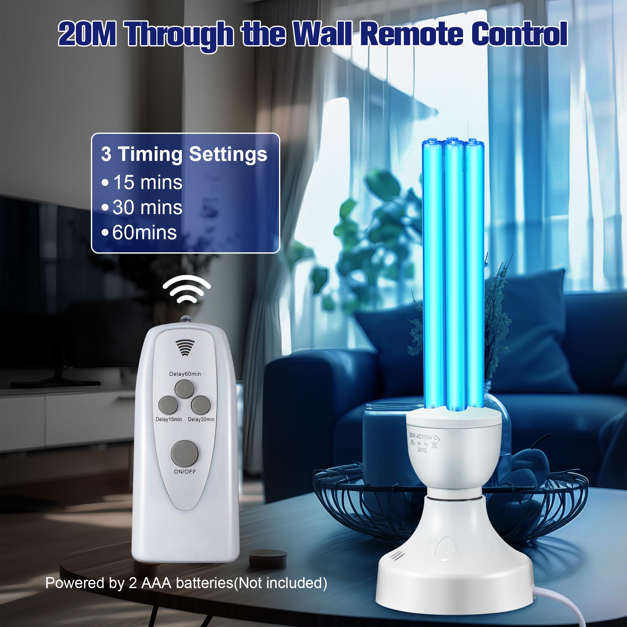 Qualirey 25 Watt UV Light Sanitizer, UVC Lamp with E27 Base and Remote Control, UV Light Bulb for Basement/Bedroom/Kitchen, with Ozone