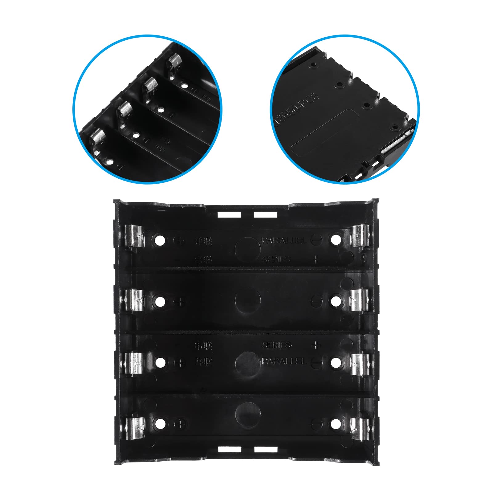 Coliao 6pcs 18650 Battery Case Holder 4 Slots X 3.7V 18650 Battery Storage Box, in Parallel Black Plastic Batteries Clip Box with Pin for DIY Parallel or Series Circuit PCB Projects