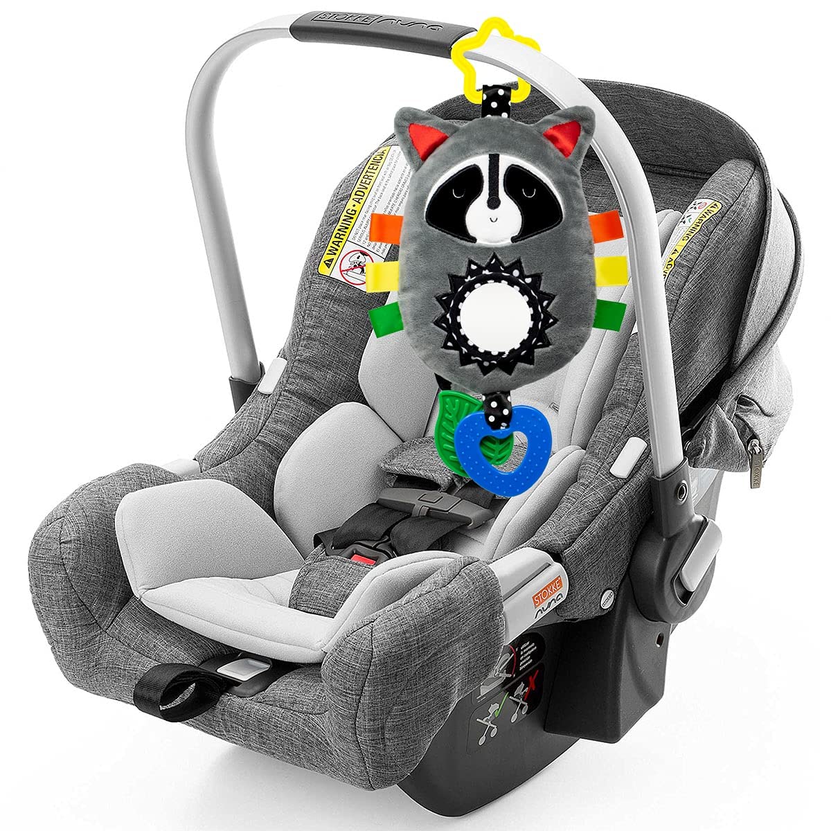 Kalianii Squish 'N Play Raccoon Activity Toy- Multi-Sensory Learning Baby Toy - Stroller Toy, Car Seat Toy, Tummy Time Toy, Teether Toy, Baby Gift - with Mirror, Rattle & Taggies