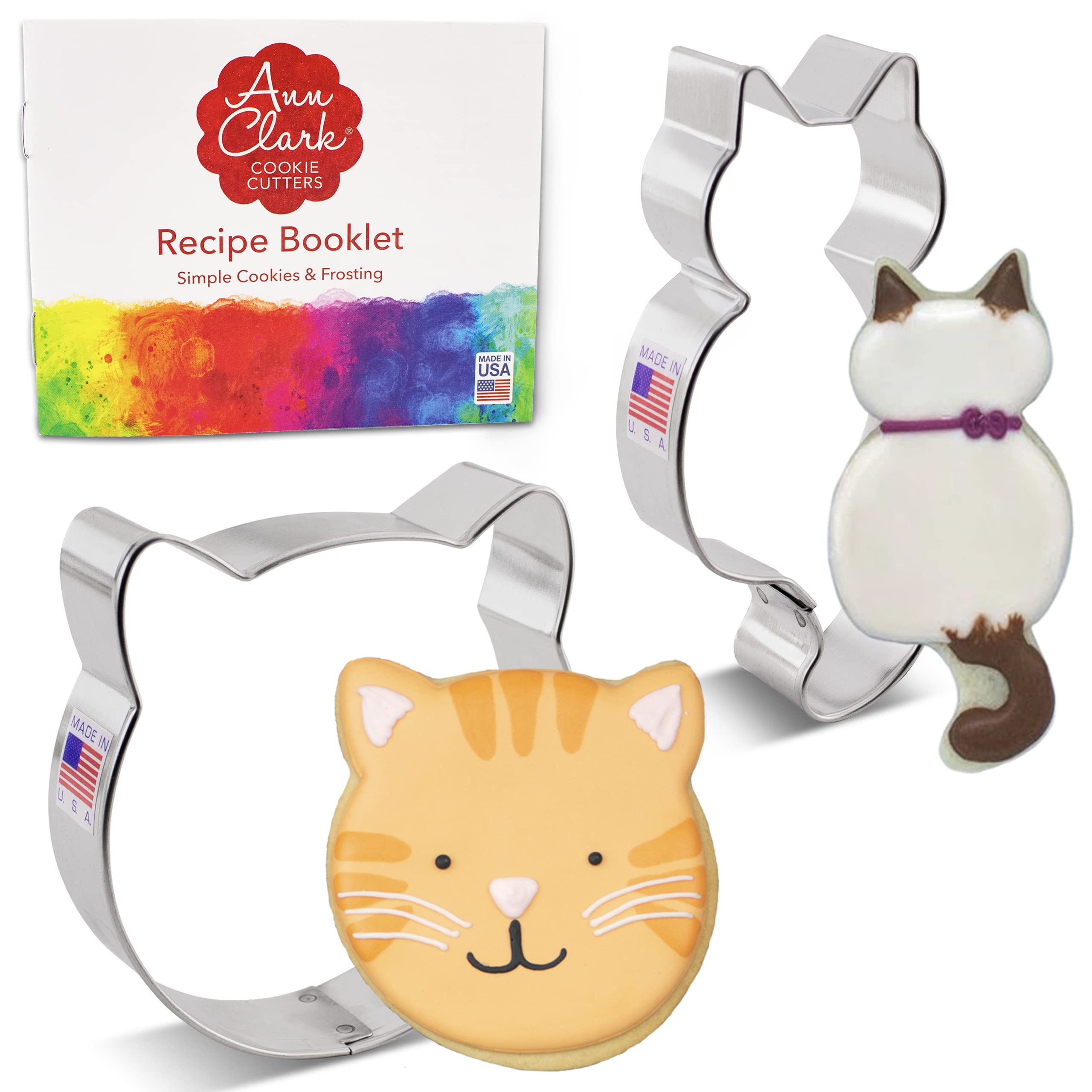 Cat Cookie Cutters 2-Pc. Set Made in the USA by Ann Clark, Cat Face, Kitty Cat