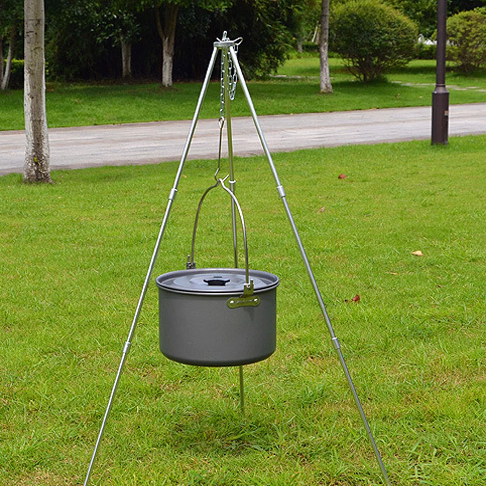 Campfire Tripod, Portable Cooking Tripod, Three-Section with Adjustable Suspension for campfire for Camping, Campfire,Dutch Oven,Outdoor BBQ (Silver)