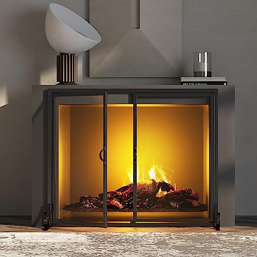 Fire Beauty Fireplace Screen with Hinged Doors, Powder Coated Steel Frame, Metal Mesh, Handcrafted Solid Steel,Decorative Design, Free Standing Spark Guard