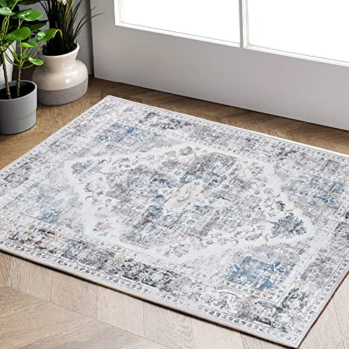 jinchan Area Rug 2x3 Entryway Rug Persian Rug Vintage Foldable Thin Rug Chenille Grey Floral Print Accent Rug Retro Indoor Door Mat Non Slip Gray Carpet Kitchen Living Room Bedroom Dining Room