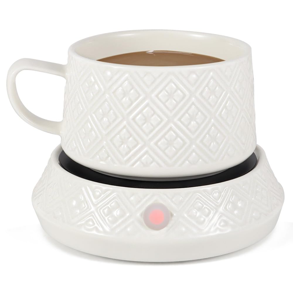 Ceramic Coffee Mug Warmer Set, Electric Candle Wax Warmer, Coffee Warmer for Desk, 3 Timed Thermos Setting for Heating Coffee, Beverage, Milk, Tea and Hot Chocolate-Birthday Gifts(with Cup)