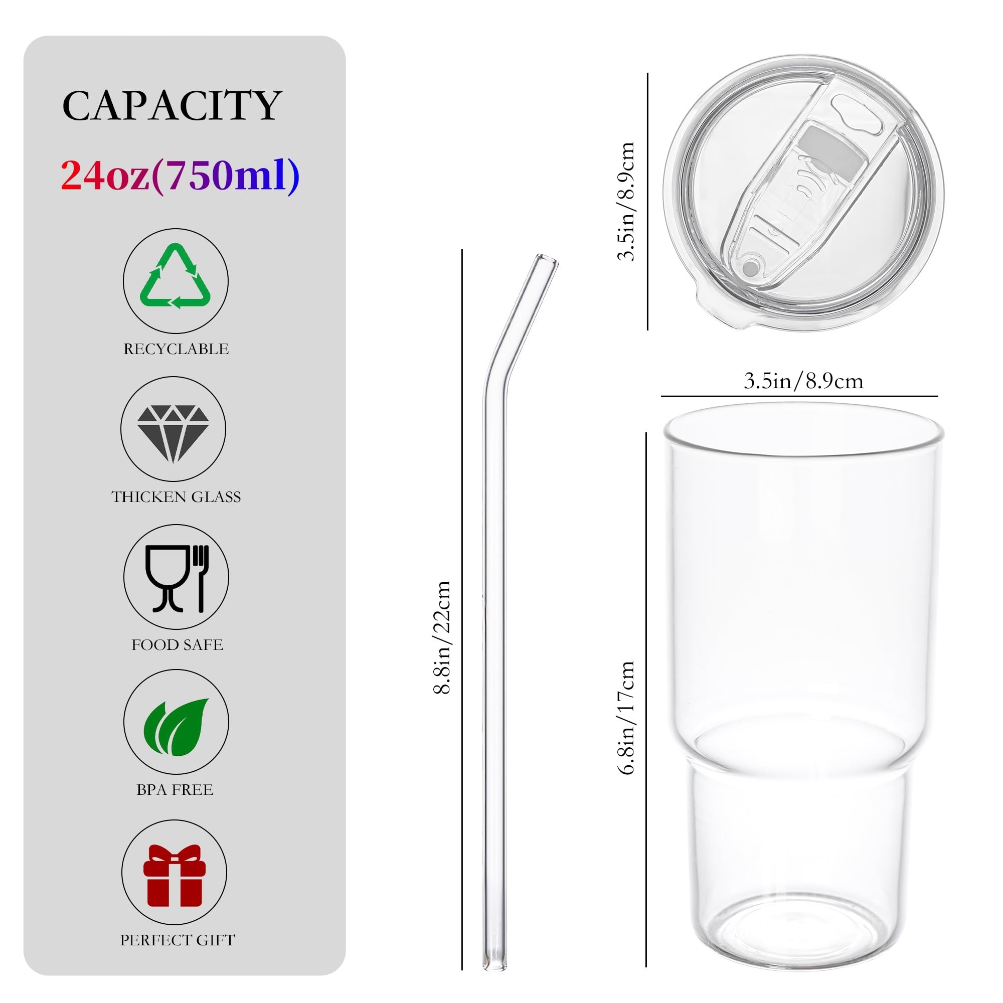 Dingerjar Glass Tumbler with Lid and Straw, Borosilicate Glass Iced Coffee Cup Smoothie Cups 24 oz/750ml for Hot or Cold Drinks