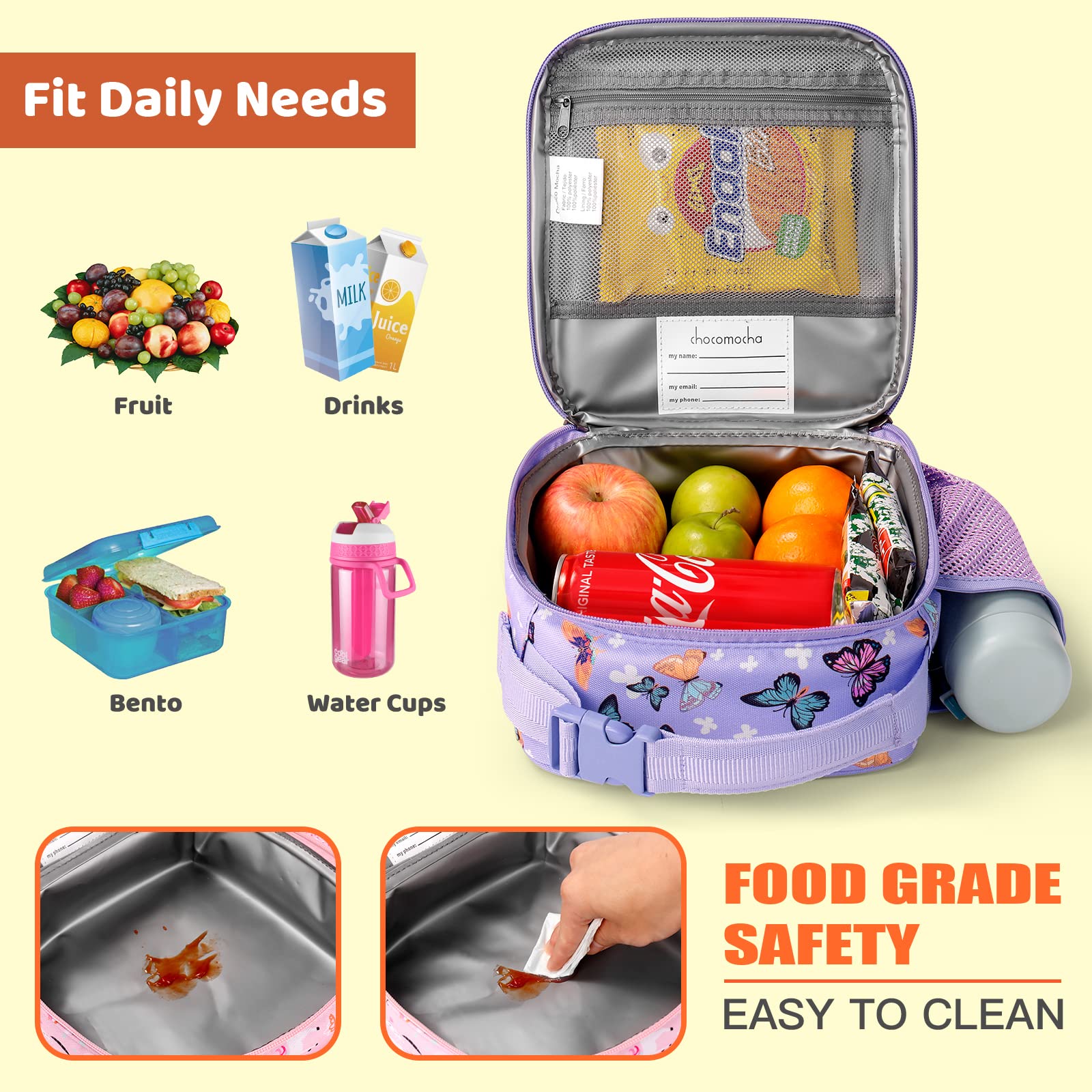 Choco Mocha Girls Lunch Box for School, Butterfly Lunch Bag for Kids, Purple