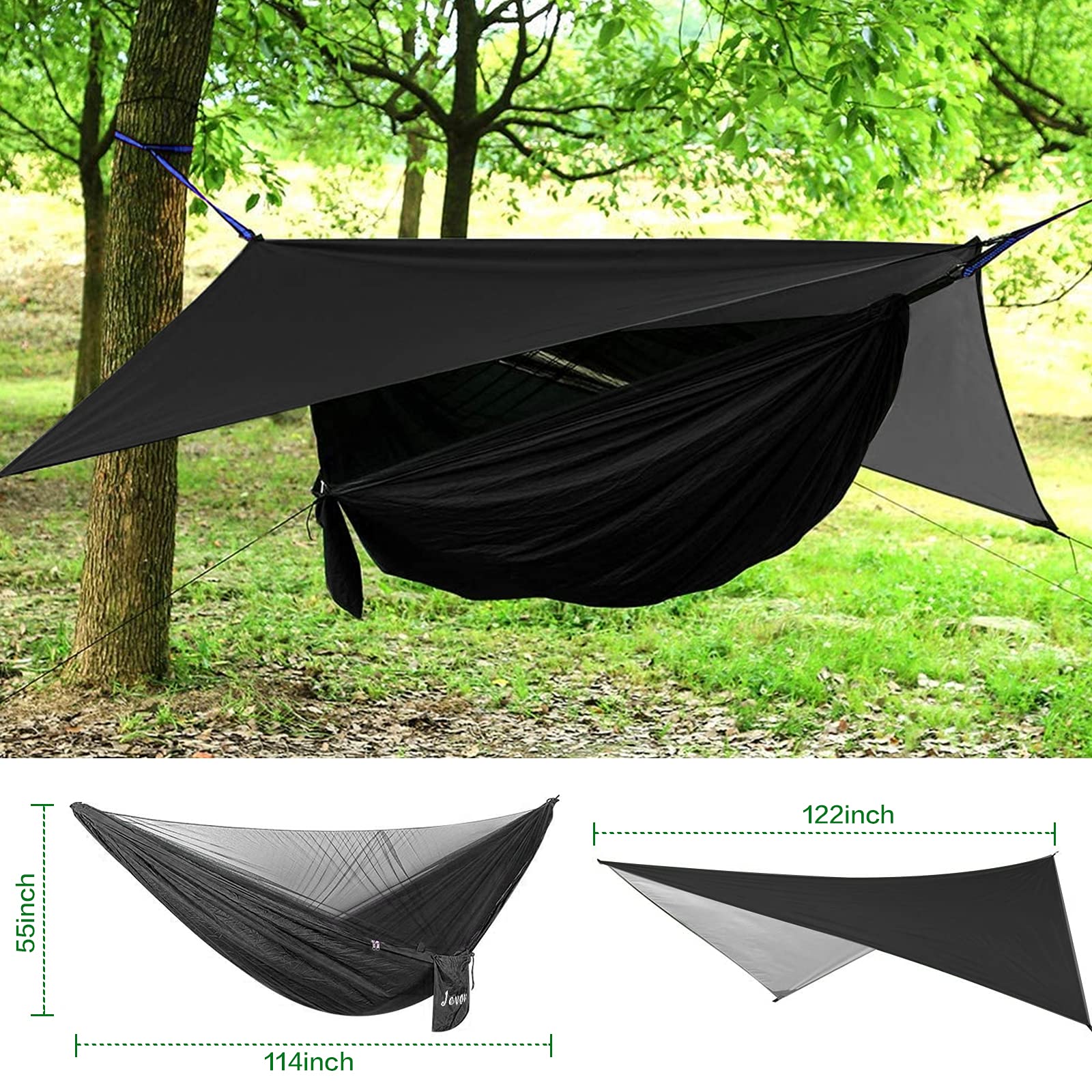 Camping Hammock with Rainfly Tarp, Hammocks Tent with Mosquito Net for Camping, Single & Double Portable Nylon Backpacking Hammock Bundle Kit for Outdoor, Indoor, Beach, Backyard, Patio - Hold 772lbs