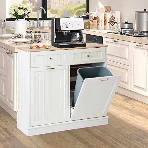 LOUVIXA Tilt Out Trash Can Cabinet Dog Proof with Double Wood Hidden Holder, Kitchen Free Standing Recycling Cabinet(White)