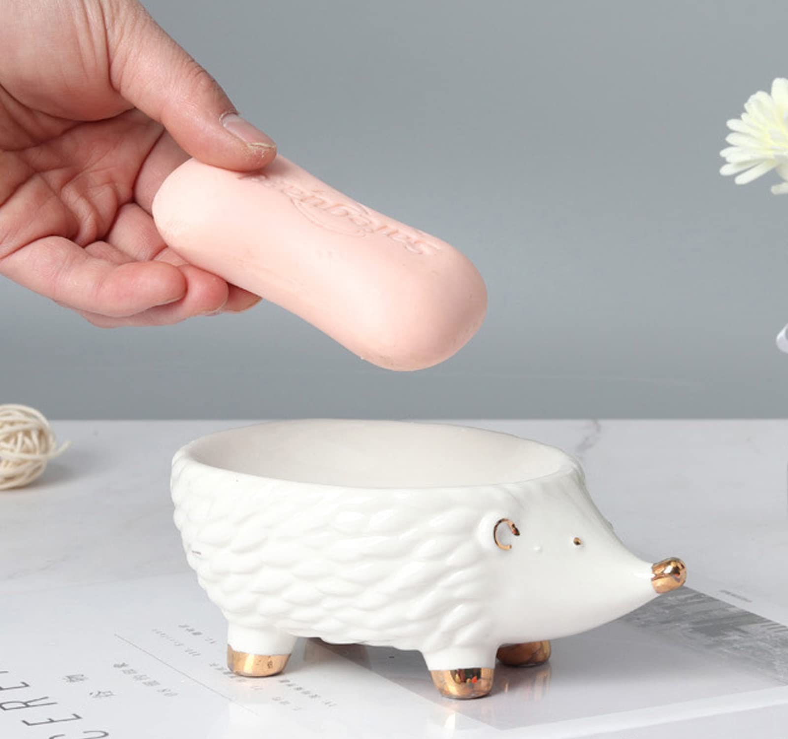 Ceramic Soap Dish with Drain, Hedgehog Toilet Soap Box, Ceramic Jewelry Tray, Funny Soap Storage Container for Shower Bathroom Kitchen Bathtub,White