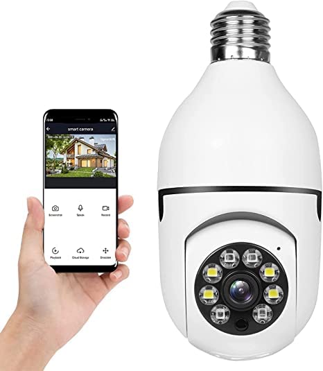 DEXINLONG Wireless WiFi Light Bulb Camera, 360 Degree E27 Security Camera Outdoor, 1080P Home Surveillance Cameras System with Human Motion and Alarm, Two-Way Audio, Full Color Day Night, White