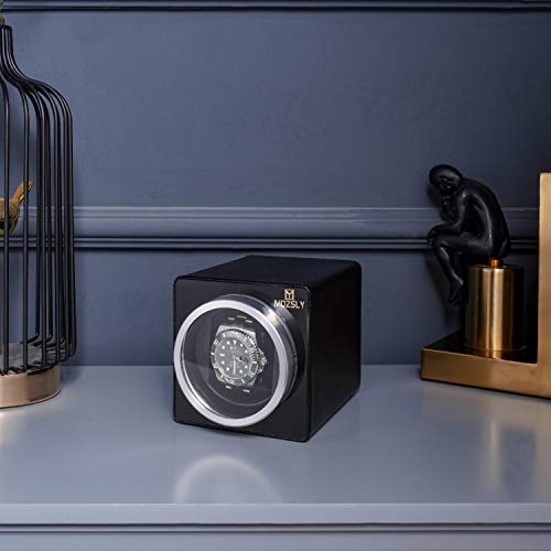 MOZSLY Watch Winder for Automatic Watches with Quiet Motor 12 Rotation Mode Setting Black Leather