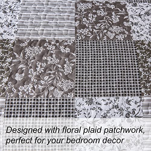 Mybedsoul Grey Boho Quilt Set Queen Size,3 Pieces Plaid Floral Bedspread Coverlet Set for All Season,Patchwork Reversible Bedding Set Queen 90"x96"