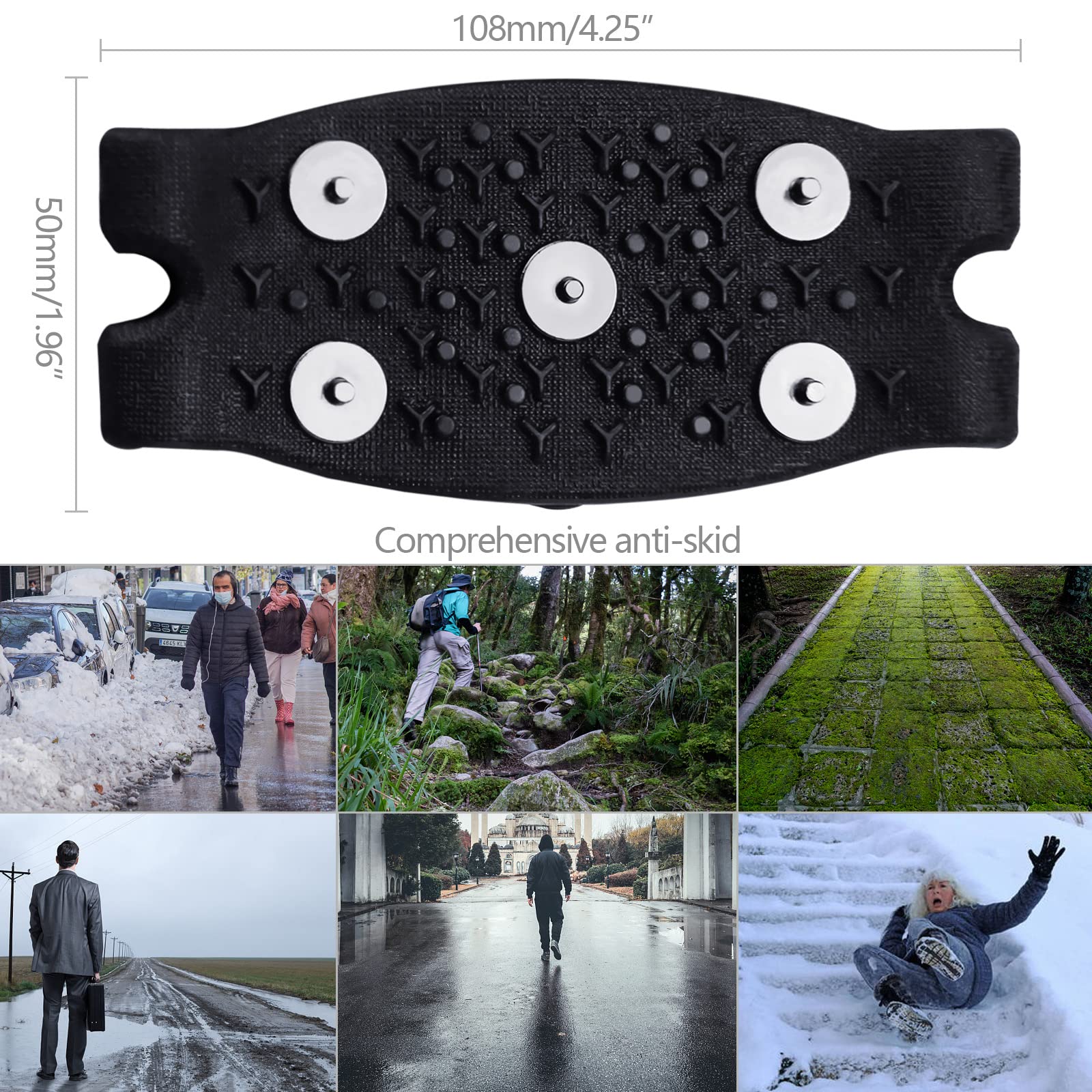 Black Anti-Skid Traction Grips Crampons Spikes Cleats Ice Claws for Walking Jogging Hiking Mountaineering Ice Snow Grips