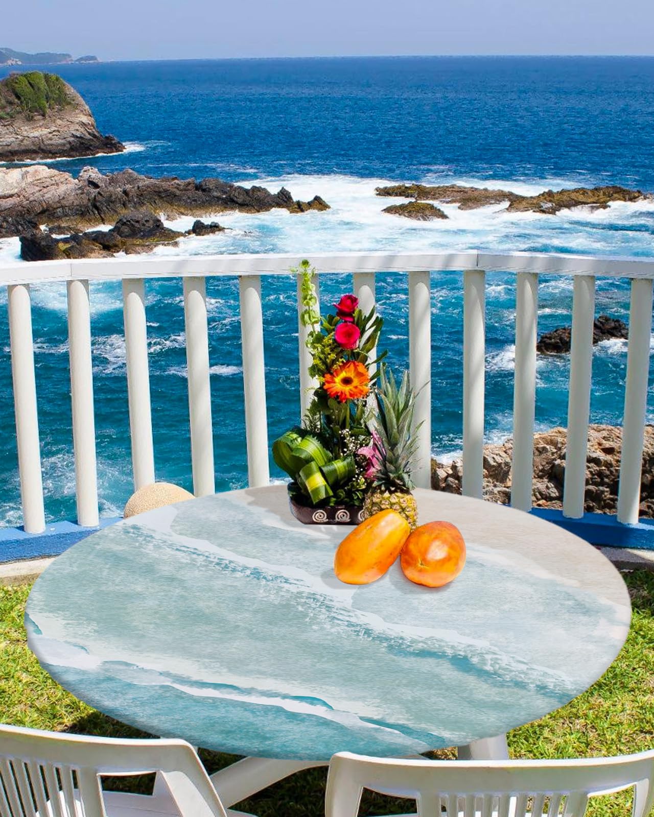 BEKYONEE Summer Ocean Round Fitted Tablecloth 55-60in Beach Seaside Waterproof Table Cover Coastal Sea Waves Elastic Edged Washable Table Cloths for Kitchen Picnic Outdoor Tabletop Abstract Art Decor