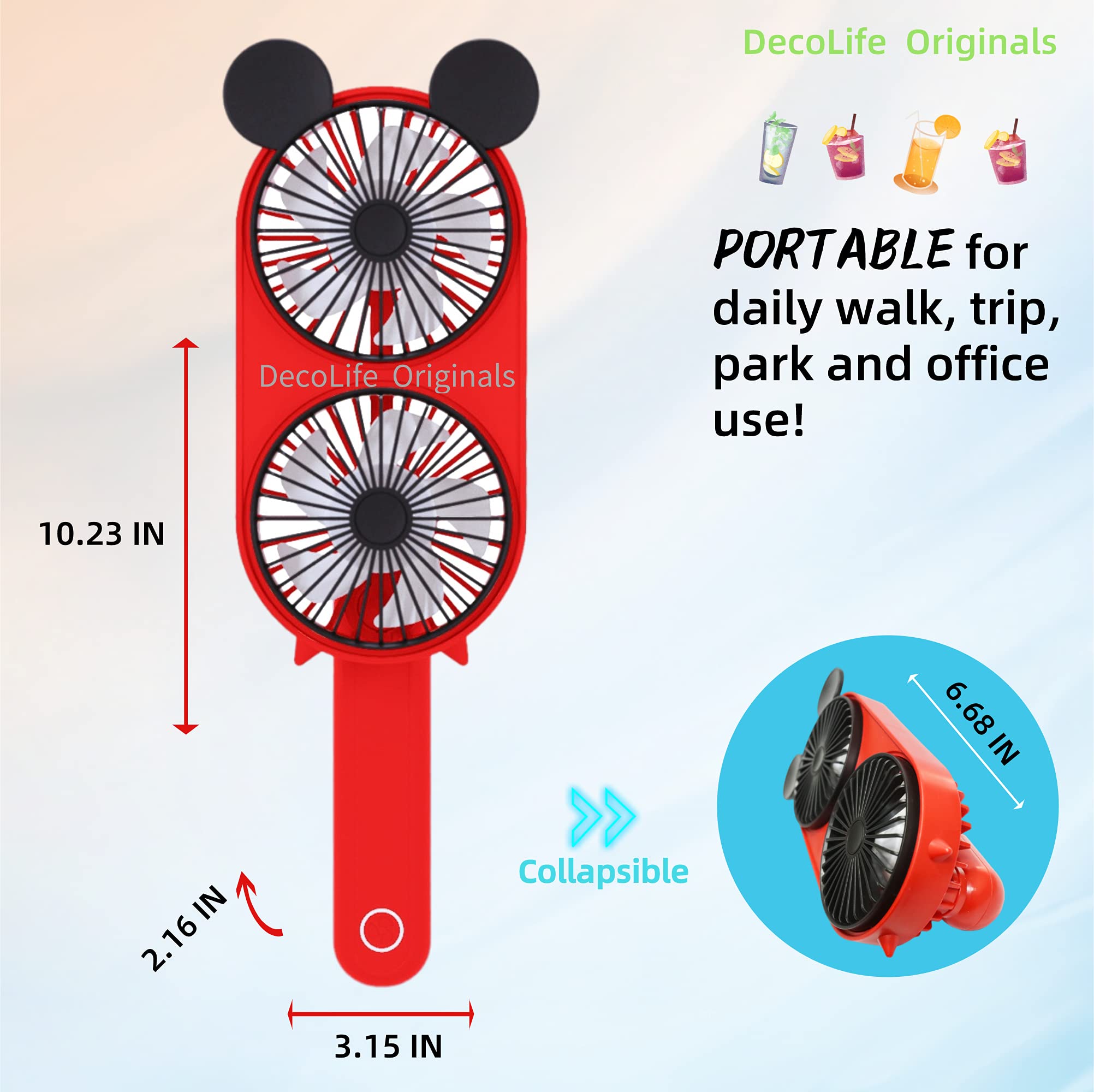 DecoLife Cute Mouse Mini Fan, Portable USB Rechargeable Handheld Personal Fan, Twin Window Dual Fan with 3 Adjustable Speeds(Pink)