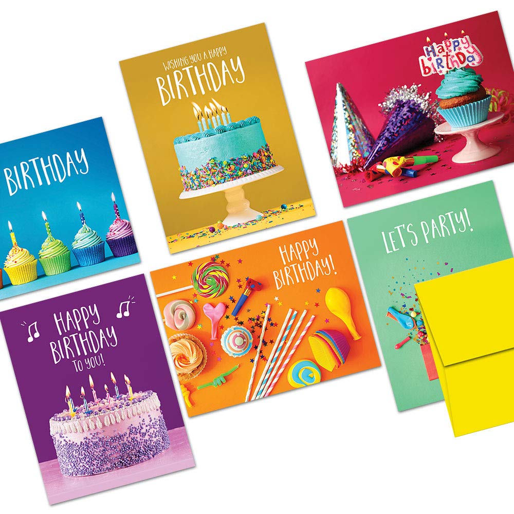 Happy Birthday Cards Bulk Assortment – 72 Pack – Rainbow Birthday – 6 Unique Designs – YELLOW ENVELOPES INCLUDED – Birthday Greeting Cards – Glossy Cover Blank Inside – By Note Card Café