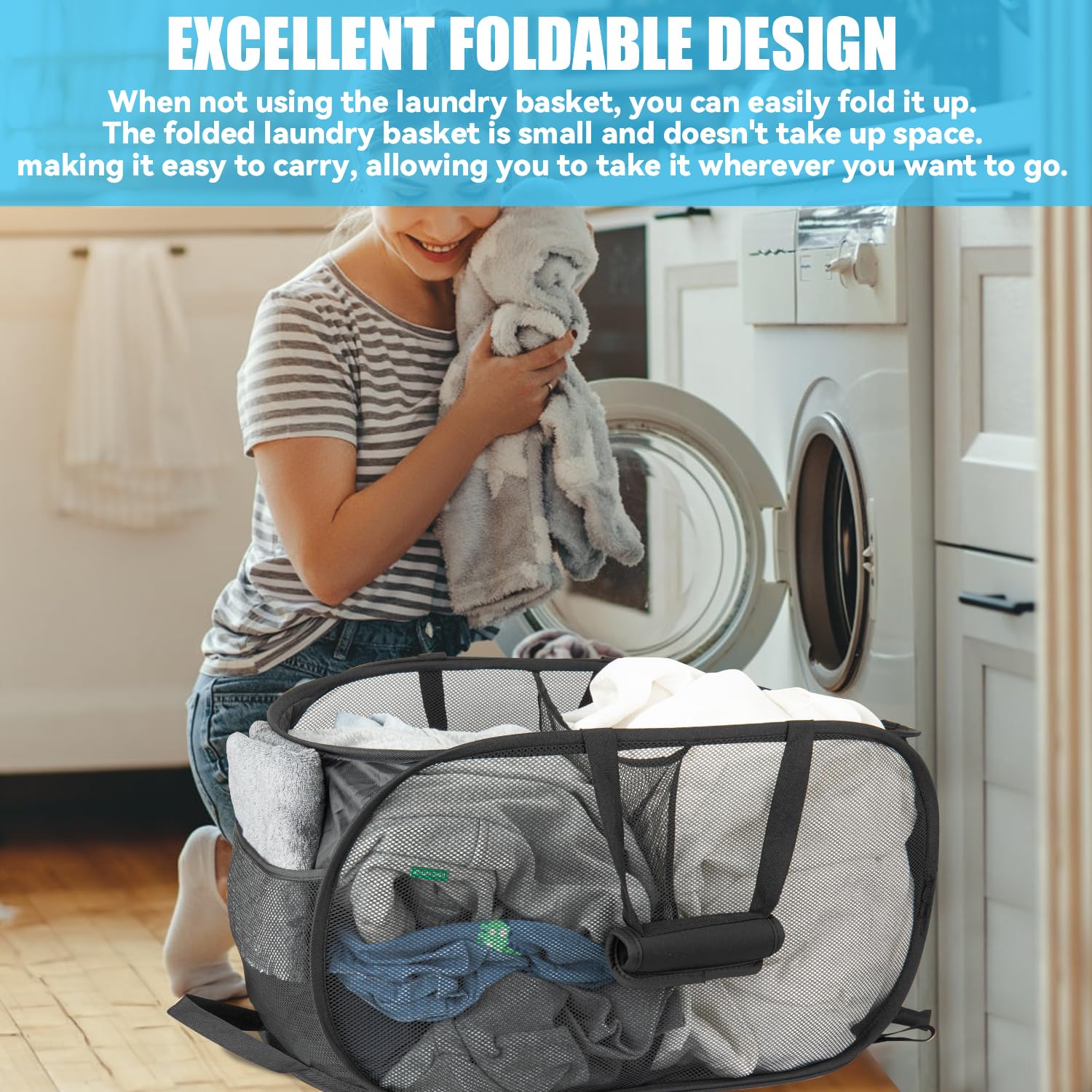 Collapsible Mesh Laundry Basket 2 Pack Pop Up Laundry Basket Mesh Foldable Laundry Basket with Soft Comfortable Handle Pad, Folding Laundry Basket Strong Durable and Excellent Breathability, Black