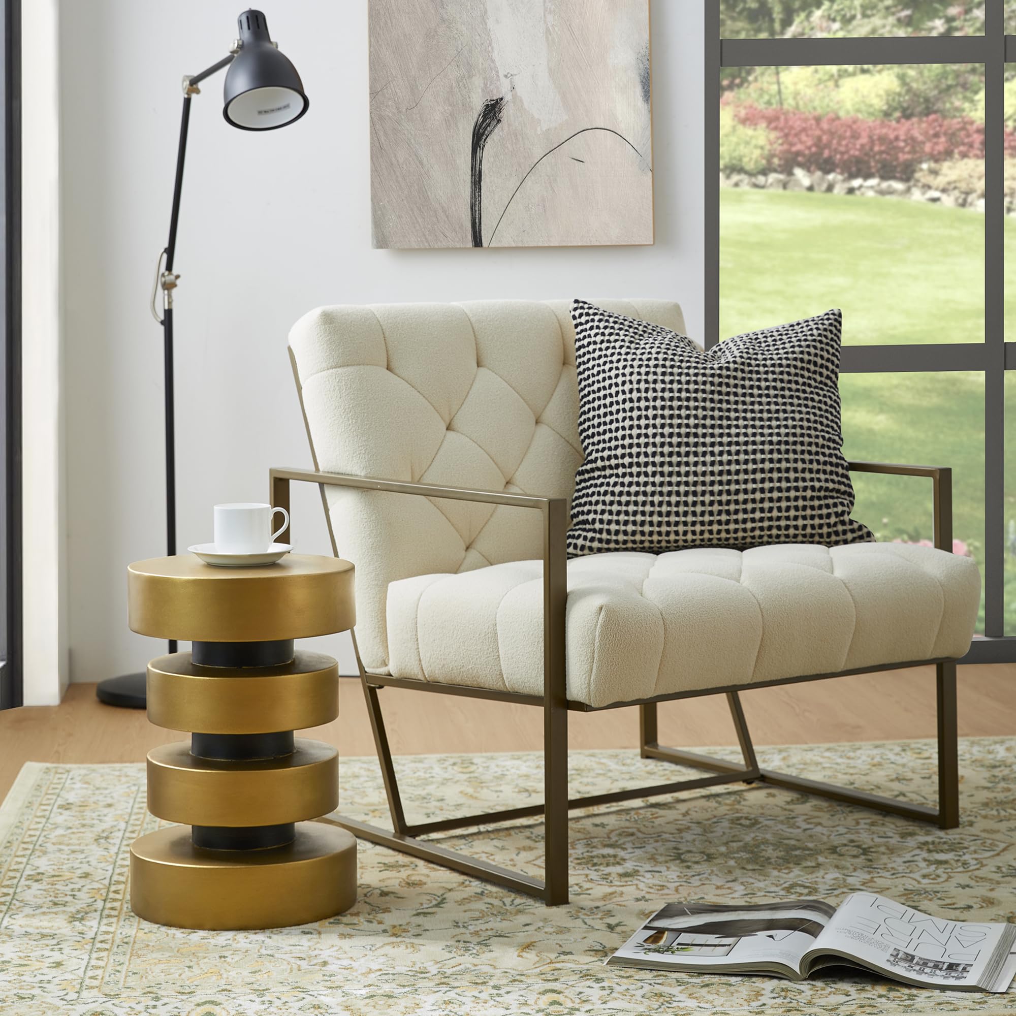 Glitzhome Modern Industrial 12β Dia Round Side Table in Antique Gold Black, Floating Disks Accent Stool End Table for Living Room, Bedroom, Entryway and Small Spaces