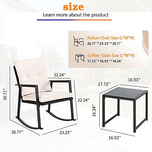 JAMFLY 3-Piece Patio Rocking Bistro Set, Outdoor Wicker Furniture Balcony Porch Chairs Conversation Sets with Glass Coffee Table (Beige)