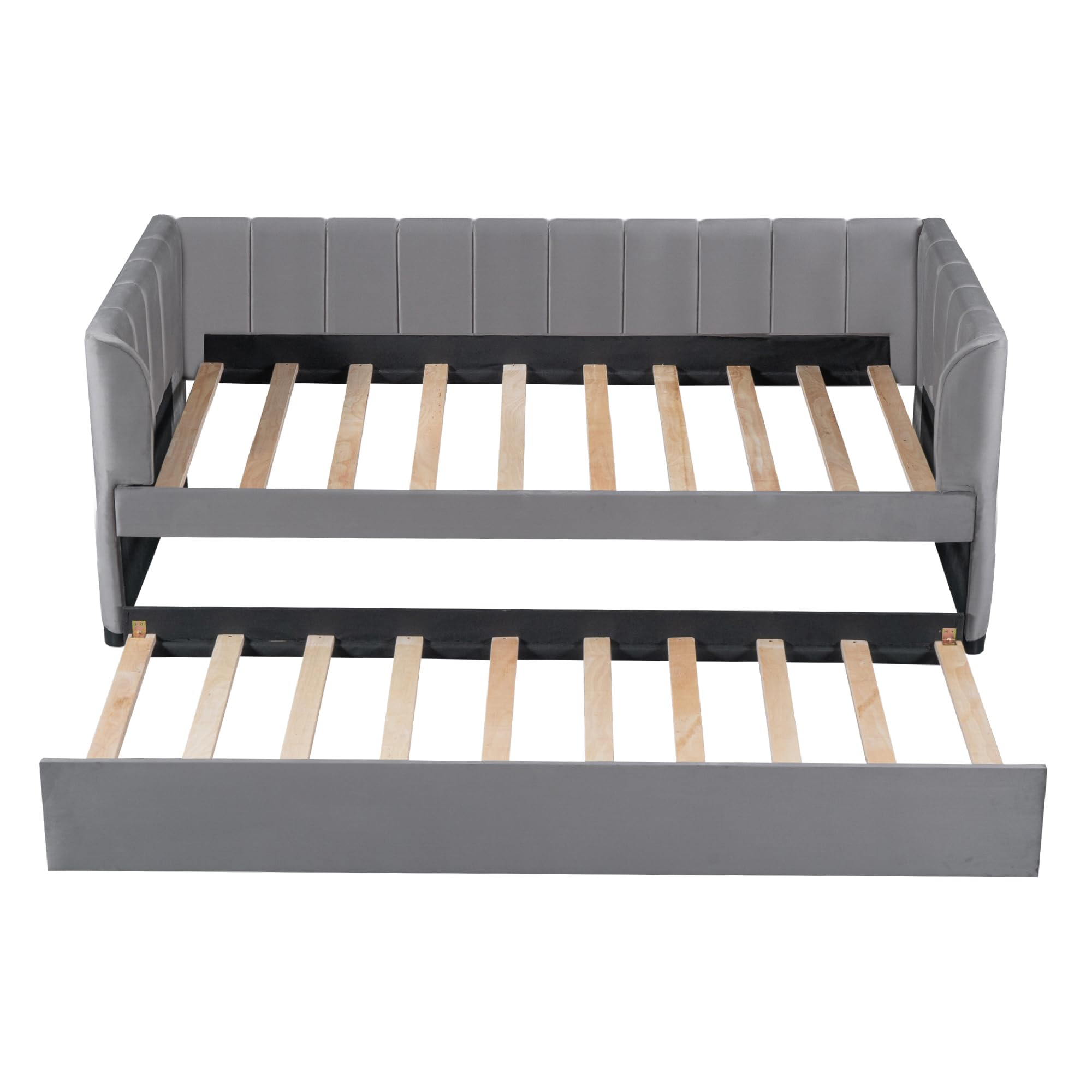 KTATK Twin Size Velvet Upholstered Daybed with Ergonomic Design Backrest and Trundle,Classic Stripe Shaped Headboard,No Box Spring Needed,for Bedroom, Living, Guest Room,Gray