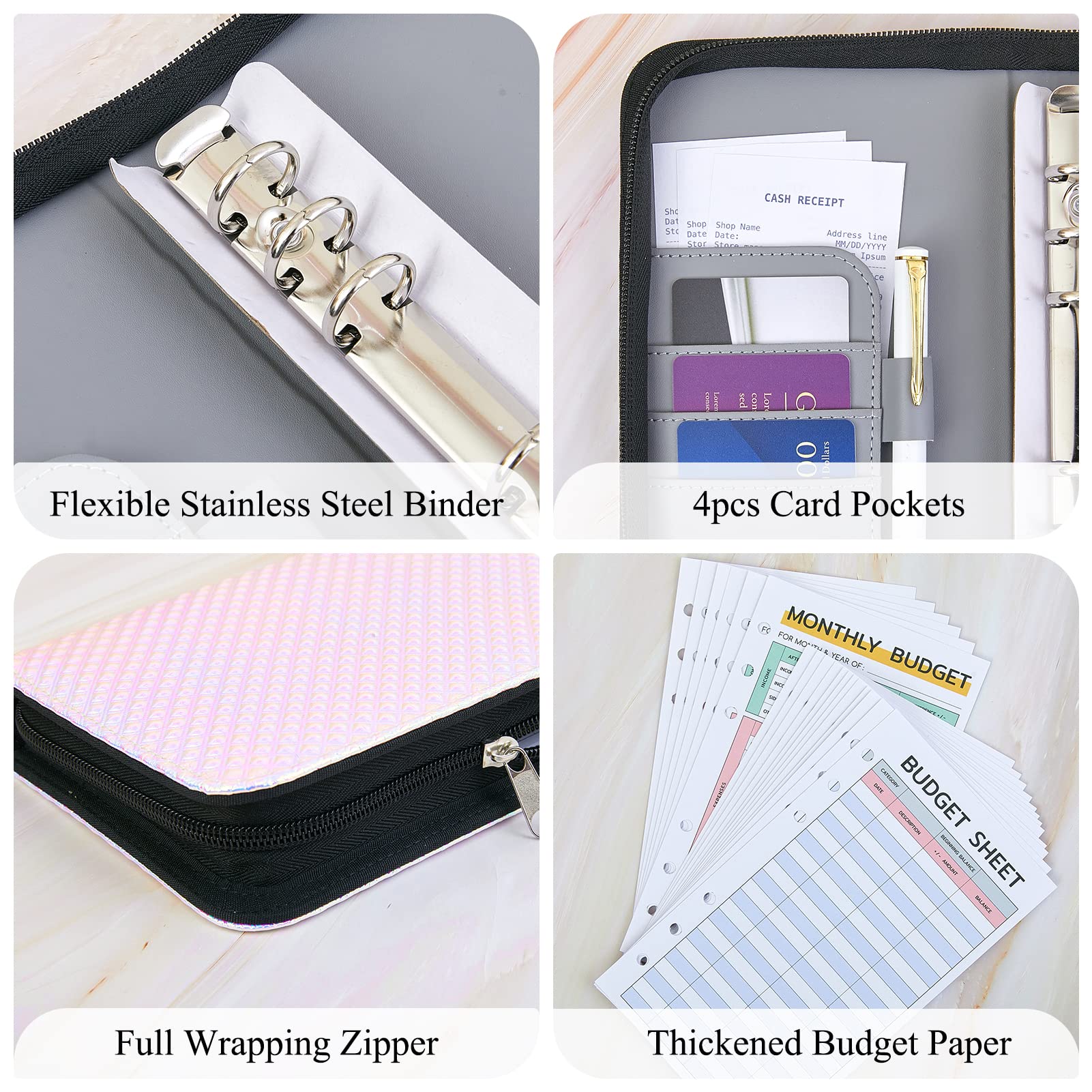 Budget Binder with Zipper Envelopes A6 Money Organizer for Cash PU Glitter Leather Money Saving Binder with 8pcs Cash Envelopes for Budgeting,18pcs Budget Sheets,24pcs Stickers,Budget Planner Wallet