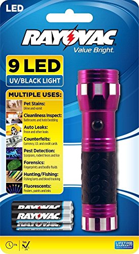 Rayovac UV Flashlight Black Light, 400 nm Ultraviolet Blacklight Detector for Dog Urine, Pet Stains, Bed Bug and Auto Leaks, Purple (BEUV3AAA-BA)
