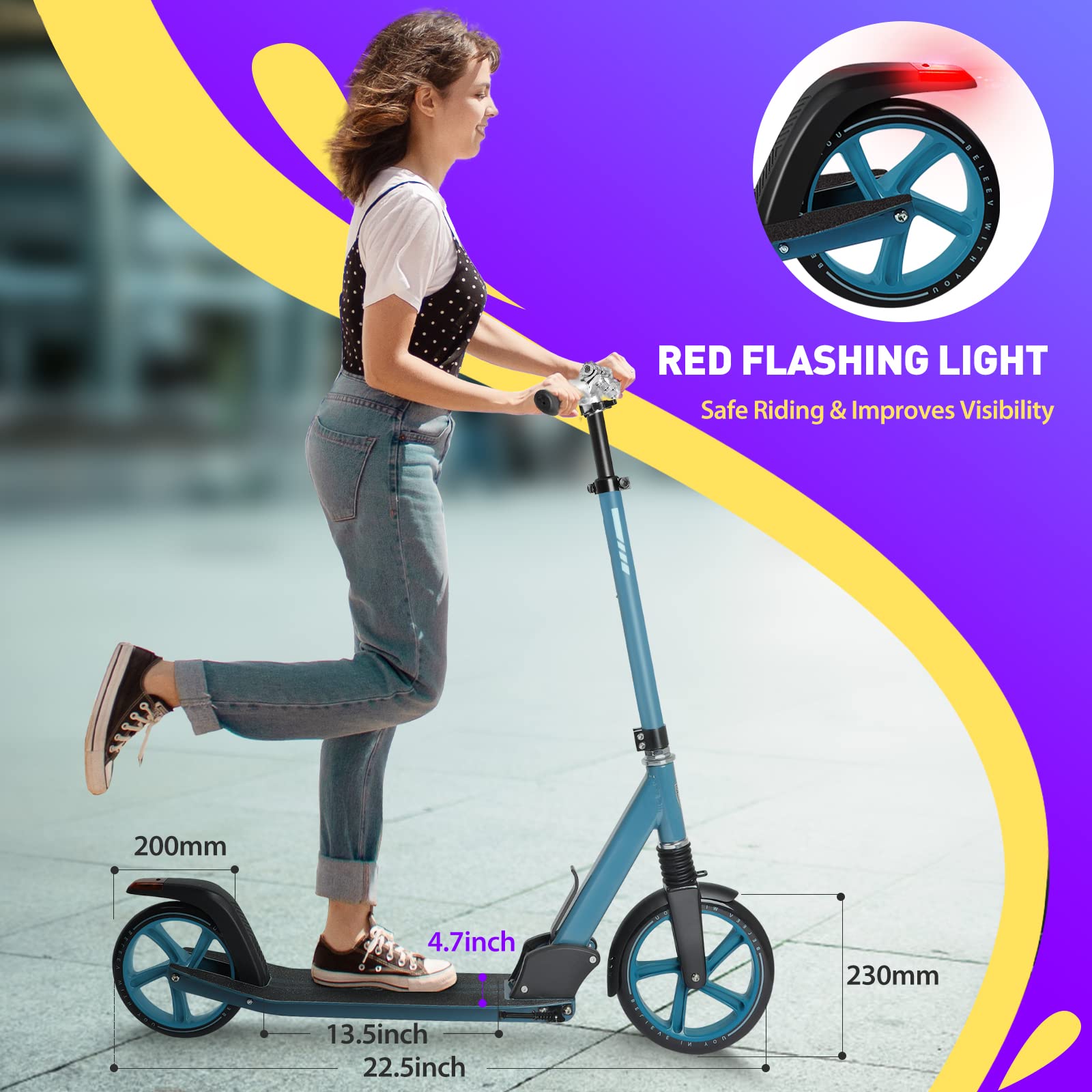 Beleev V5 Scooters for Kids 8 Years and Up, Foldable Kick Scooter 2 Wheel, Quick-Release Folding System, Shock Absorption Mechanism, Large 200mm Wheels Sports Scooters for Adults and Teens (Navy Blue)