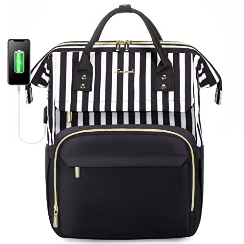 LOVEVOOK Laptop Backpack Women Teacher Backpack Nurse Bags, 15.6 Inch Womens Work Backpack Purse Waterproof Anti-theft Travel Back Pack with USB Charging Port (Black-Thick Stripe)
