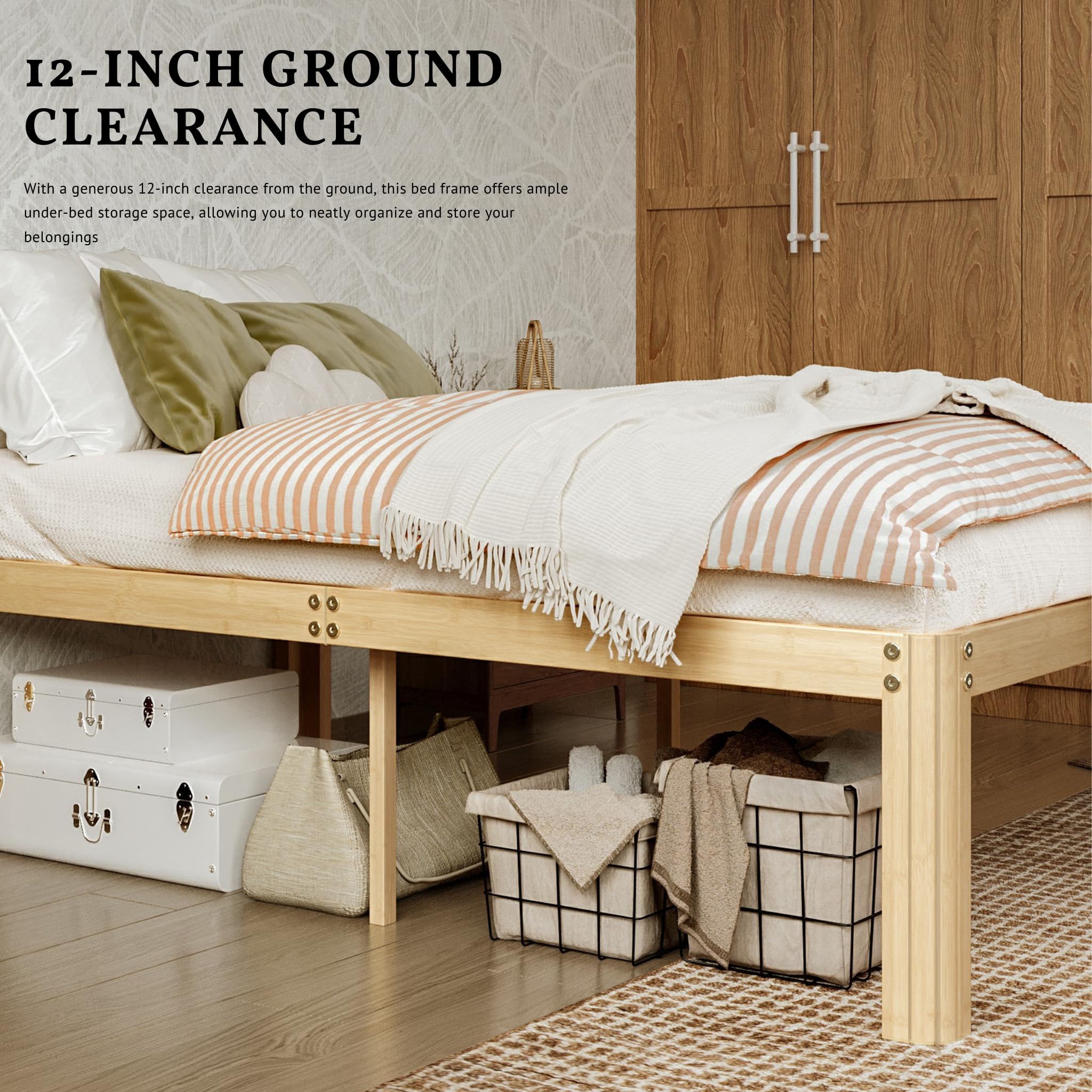 BOSRII Serenity Series Bamboo Grain Full Size Bed Frame, Thickened and Reinforced Heavy Duty Steel Structure with 4000 LBS Support,14 Inches High No Box Spring Needed, Easy Assembly